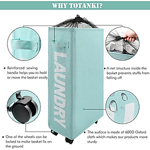 TOTANKI 25" Rolling Slim Laundry Basket on Wheels, Foldable Laundry Hamper with Handle, Collapsible Laundry Sorter and Organizer, Tall Storage Basket Bin (Light Blue)