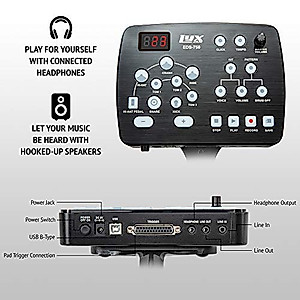 LyxJam 7-Piece Electronic Drum Kit, Drum Set with Real Mesh Fabric, 209 Preloaded Sounds, 50 Play-Along Songs, Cymbals & Kick Pedal, Drum Sticks With SPA8 Active Speaker & 15 FT Qtr to Qtr Cable