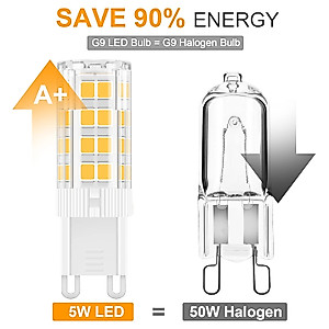 TopLeder G9 LED Bulbs, 3000K Warm White 5W 450LM LED Light Bulbs, No Flicker Non-Dimmable, 40W Halogen Bulb Equivalent, 120V Bi Pin G9 Base Bulbs for Home Lighting, 6-Pack