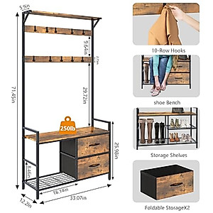 aboxoo Hall Tree with Storage Bench, Coat Rack, 2-Tier Shelves, Fabric Storage Basket, 10 Hooks, Industrial 5 in 1 Large Organizer, Wood Look Accent Furniture-Sturdy Metal Frame (Rustic Brown)