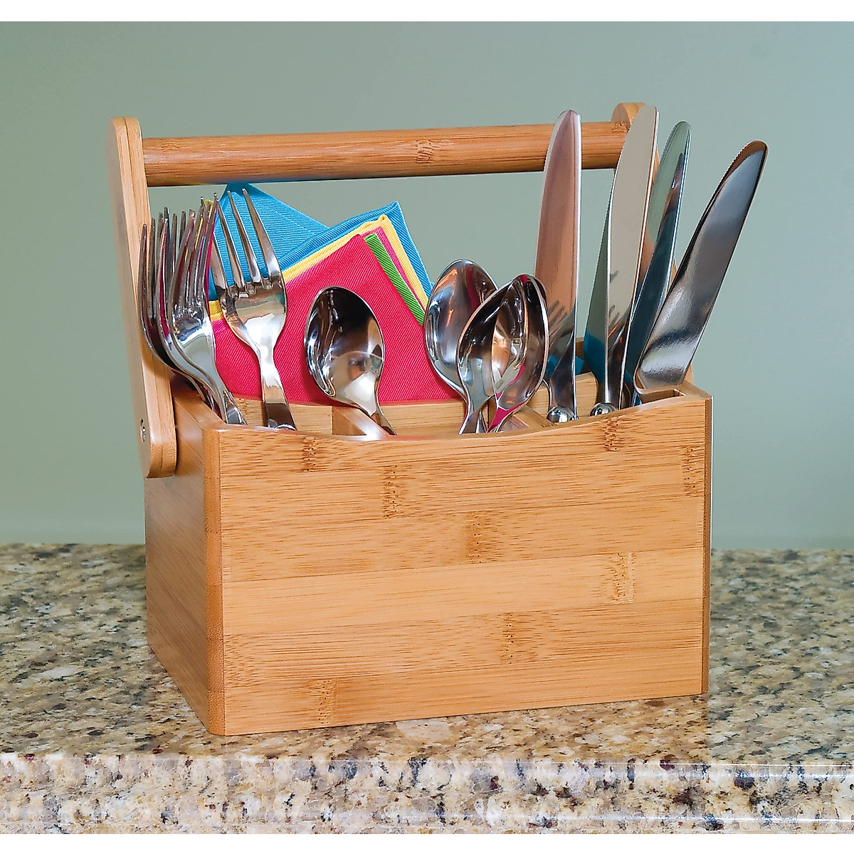 Lipper International 8842 Bamboo Wood Flatware Caddy with Folding Handle, 8-7/8" x 5-1/2" x 9-1/4"