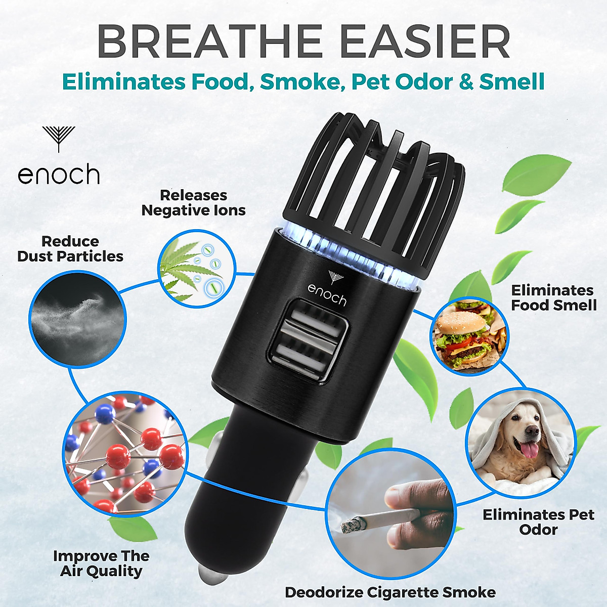Enoch Ionic Car Air Purifier with Dual USB Car Charger. Car Air Freshener Eliminates Odor, Dust. Removes Smoke, Pet and Food Odor. Ionic Ozone Car Deodorizer (Matt Black)
