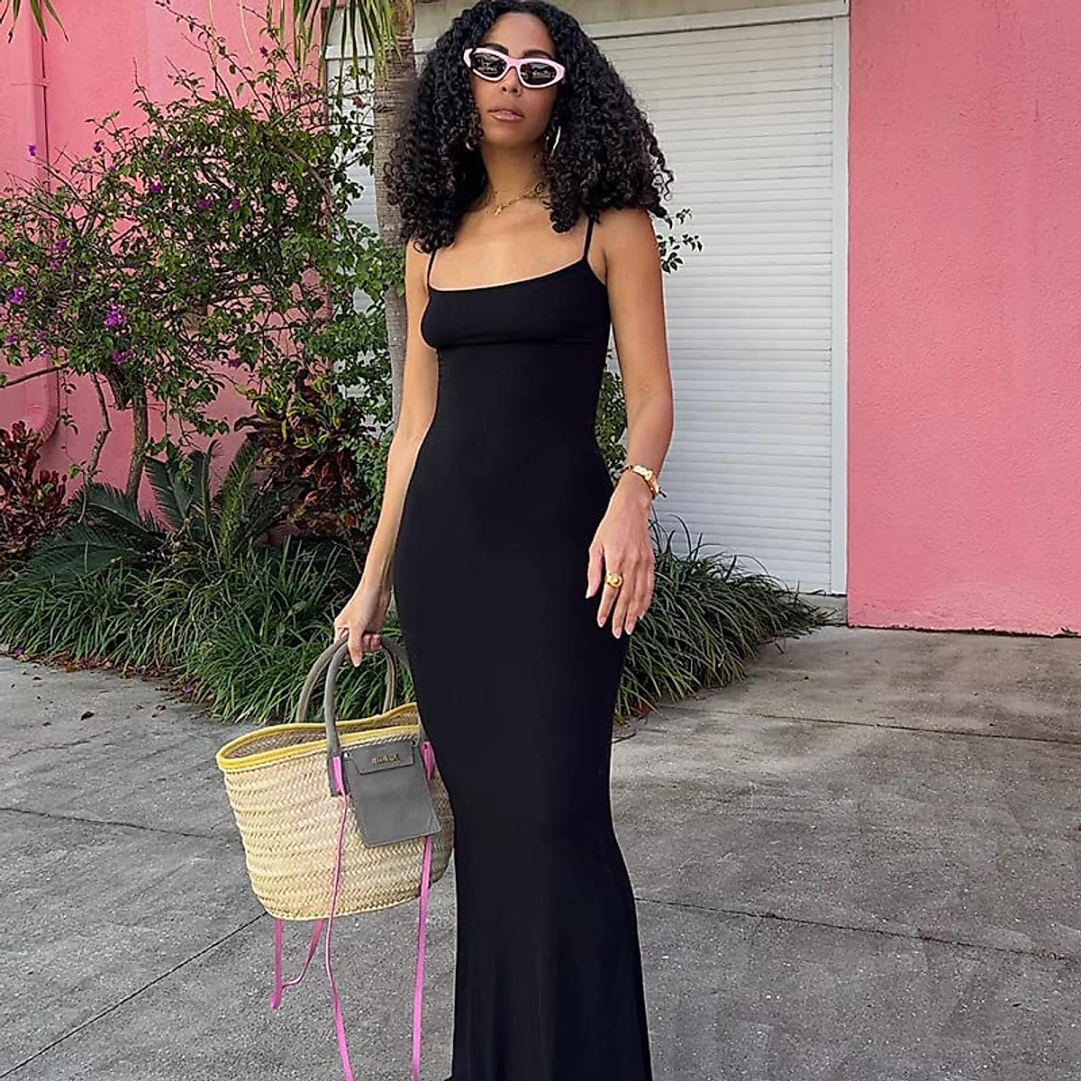 ABYOVRT Women Sexy Bodycon Maxi Dress Sleeveless Solid Color Slip Dress Elegant Long Cami Dresses Evening Party (X-Large, A-Black)