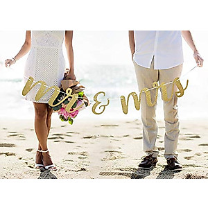 Pre-Strung Mr & Mrs Sign for Wedding Table - Wedding Decorations for Reception and Ceremony , Wedding Sign Gold Wedding Decor , Sweetheart Table Wedding Banner for Bride and Groom Chair - by Prazoli