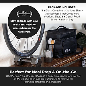 Bulk Cut Ultimate Meal Prep Containers Set, Reusable Lunch Boxes, Includes Glass and Stainless-Steel Lunch Storage Containers with Lids, Precision Food Scale and Lunch Bag, Modern Lunch Box Set