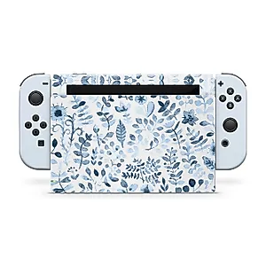 Tacky Design Flowers Skin Compatible with Nintendo Switch Skin Wrap Cover, Blue Color for Nintendo Switch Stickers, Premium Vinyl 3M Full Wrap Decal, Compatible with Joy-Con, Console, Dock.