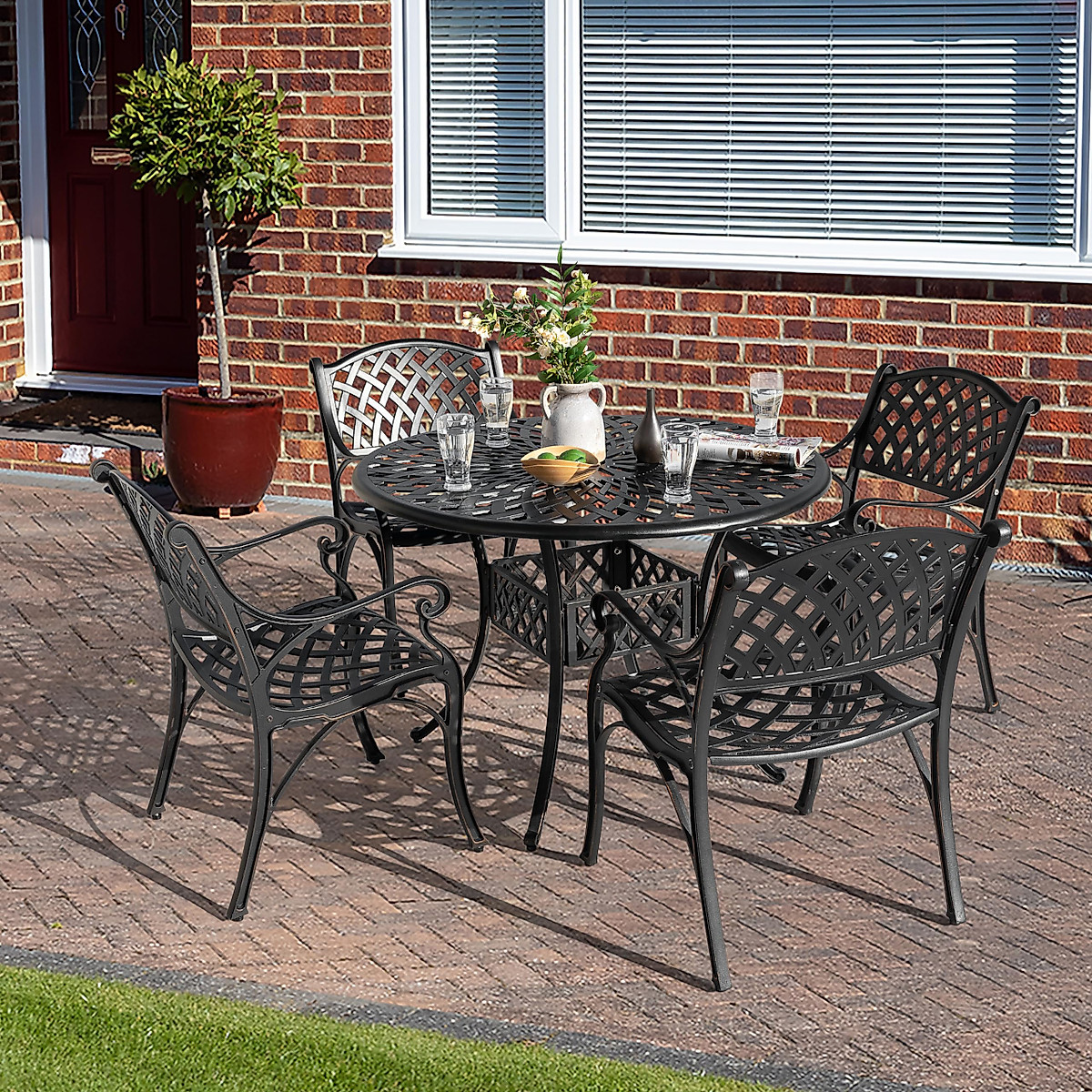 NUU GARDEN 5 Piece Outdoor Patio Dining Set, Cast Aluminum Round Dining Table with Umbrella Hole and Patio Dining Chairs for Patio, Garden, Backyard, Balcony, Black with Bronze Edge