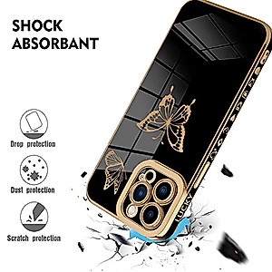 Jefonha for iPhone 12 Pro Max 6.7 Inch Luxury Plating Cute Butterflies Cover with Screen Protector Fun Cute Side Pattern Soft TPU Shockproof Full Camera Lens Protection Electroplated Case - Black