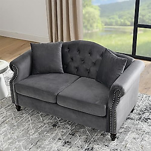 57" Chesterfield Sofa with 2 Pillows,2 Seater Sofa Tufted Couch with Rolled Arms and Nailhead for Living Room, Bedroom, Office, Apartment(Grey)