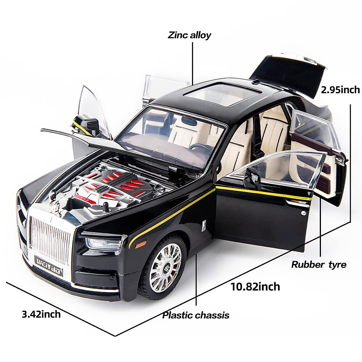 WAKAKAC 1/20 Phantom Model Car Alloy Diecast Collectible Pull Back Toy Car Classic Double Door Model Vehicle Logo Can Be Folded(Black)