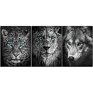 QTESPEII Black and White Animals Pictures Wall Art Decor for Bathroom Leopard Lion Wolf Head with Blue Eyes Paintings Canvas Prints Wildlife Artwork Framed Modern Home Office Decor 12"x16" 3 Panels