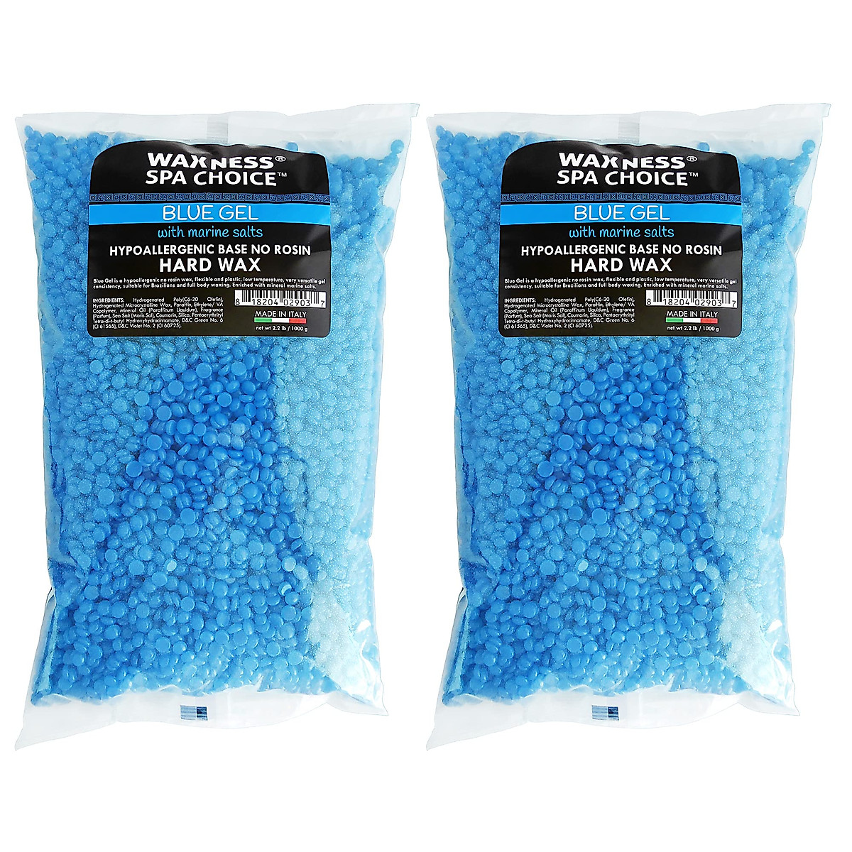 Waxness Spa Choice No Rosin Blue Gel Hard Wax Beads with Marine Salts 2.2 lb / 1 kg Pack of 2