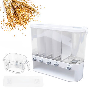 KIOPOWQ Food Dispenser, Rice Containers Wall-mounted 5 Grid Cereal Container Dispenser with with Measuring Cup, Plastic Airtight Transparent Storage Containers Sealed Can for Food, Rice