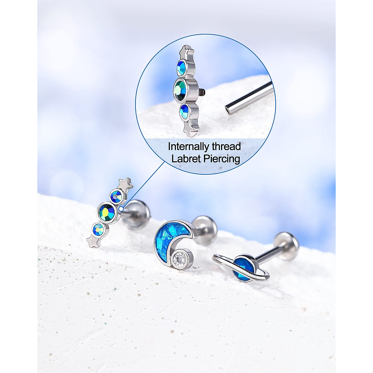 Melighting Labret Jewelry Internally Threaded 16G Blue Glitter Planet Labret Stud Stainless Steel 316L Moon Helix Earrings Star Tragus Conch Piercing Jewelry for Women