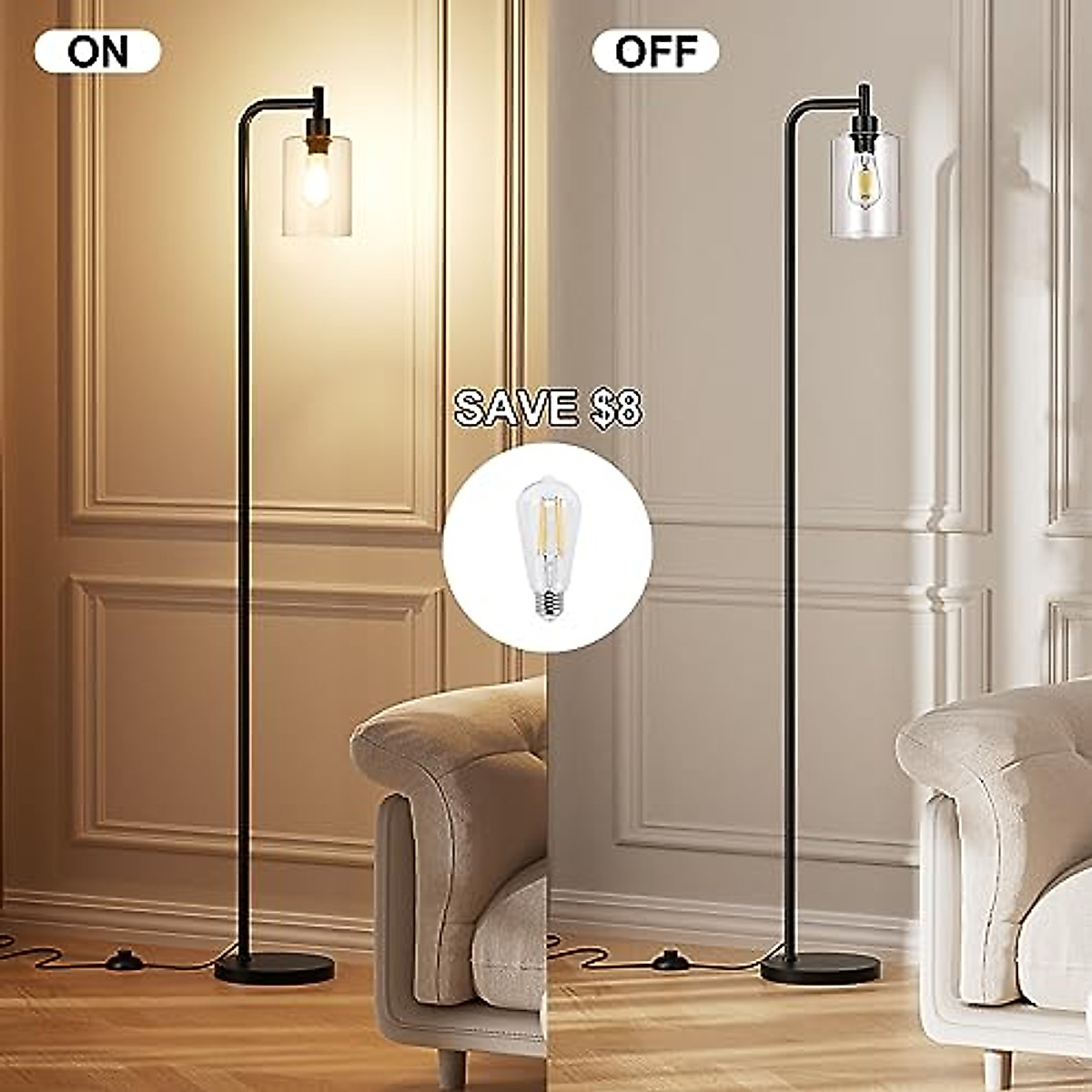 Ziisee Floor Lamps for Living Room - Standing Lamp with Glass Lampshade, Modern Floor Lamp with LED Bulbs, Bright Industrial Floor Lamp for Bedroom, Black Tall Lamp for Office(Light Bulb Included)