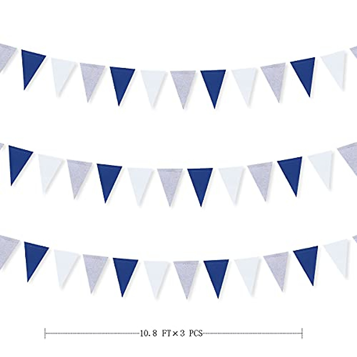30 Ft Navy Blue White and Silver Party Decorations Royal Blue Triangle Flag Pennant Banner Bunting for Birthday Wedding Bridal Baby Shower Nautical Ahoy Achor Pirate Theme Party Decorations Supplies