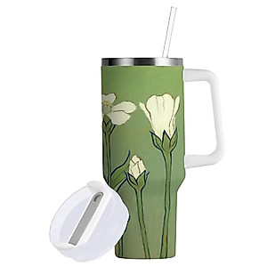 RPLIFE White Flowers Green 40 Oz Tumbler, Stainless Steel Cups with Lid, Tumblers for Women