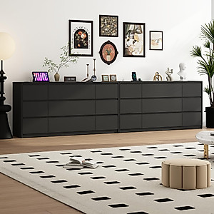 Black Dresser for Bedroom, 63 Inch Long 9 Drawers Dresser with Charging Station, Modern Large Wood Chest of Drawers Handle Free, Dresser for Bedroom, Living Room, Entryway, Hallway, Black