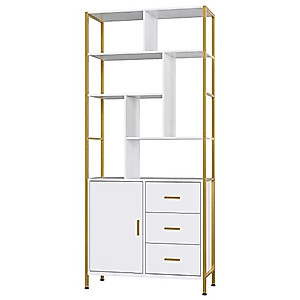finetones Gold Bookshelf with 3 Drawers, 71.2” Tall Bookshelf White and Gold Bookshelf with Sturdy Metal Frame, Gold Shelf Etagere Standard Book Shelf Display Shelf for Home Office