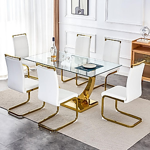 63" Glass Dining Table for 4 to 6 People, Modern Minimalist Kitchen Table with Tempered Glass Tabletop and Gold Metal Base, Large Rectangle Dining Room Table for Kitchen Dining Room