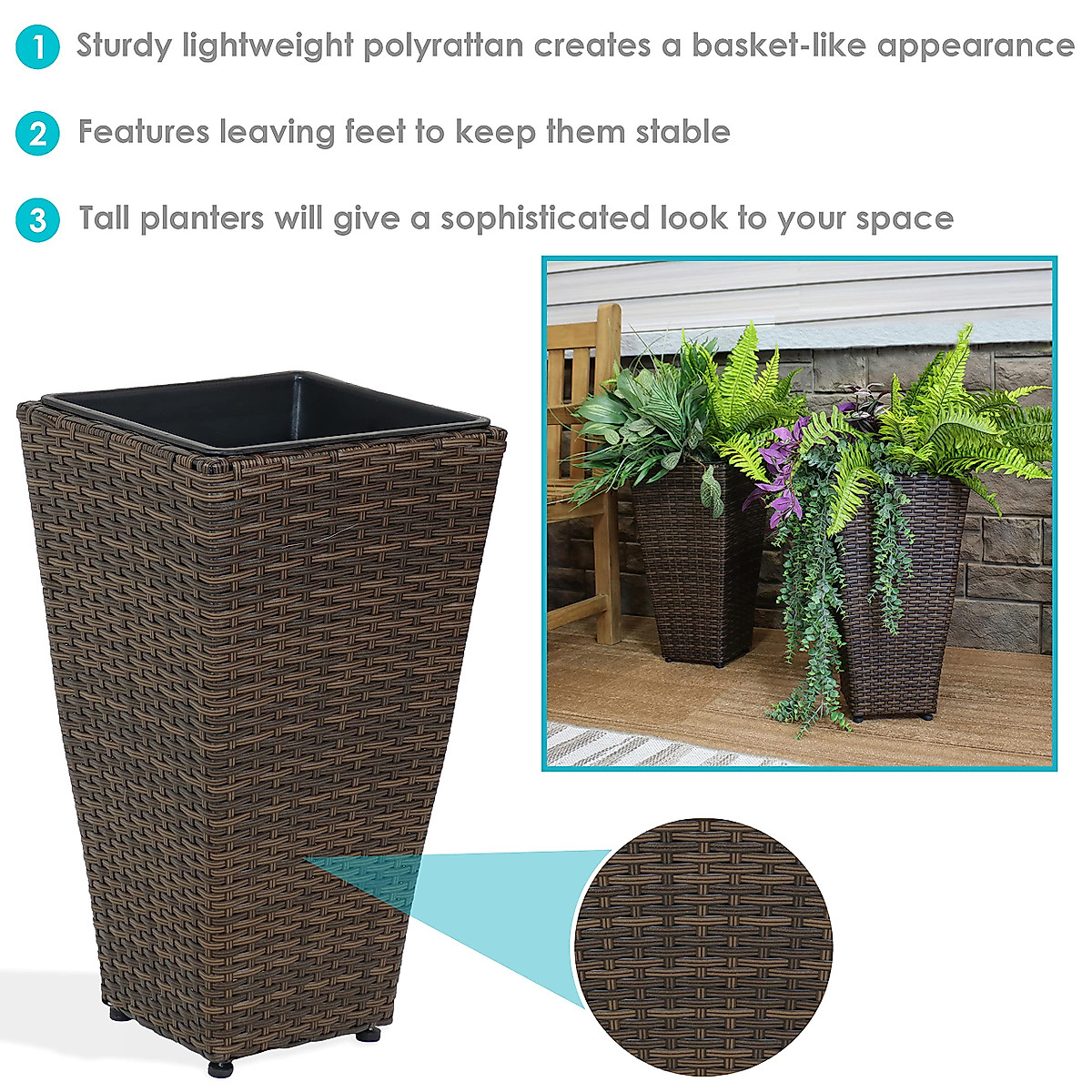 Sunnydaze Tall Square Polyrattan Indoor/Outdoor Planter - 20-Inches Tall - Set of 2 - Brown