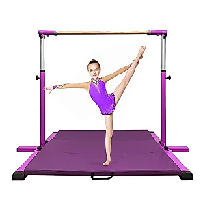 GLANT Gymnastic Kip Bar,Horizontal Bar for Kids Girls Junior,3' to 5' Adjustable Height,Home Gym Equipment,Ideal for Indoor and Home Training,1-4 Levels,300lbs Weight Capacity (Purple MAT)