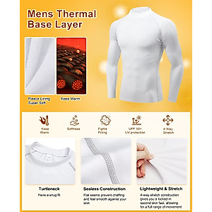 Ski Base Layer Men Cold Weather Turtleneck Mens Thermal Long Sleeve Shirt Fleece Compression Shirts for Men Running Cycling Hiking Hunting Thermals Underwear Tops,Quick Dry High Wicking 3237 White M