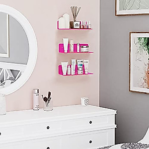 Acrylic Floating Shelves 9 inch 2 Pack Adhesive Wall Shelf for Funko Pop Figure, Plant, Speaker, Small Display Wall Shelves for Bathroom, Bedroom, Gaming Room, Living Room, with Cable Clips - Pink