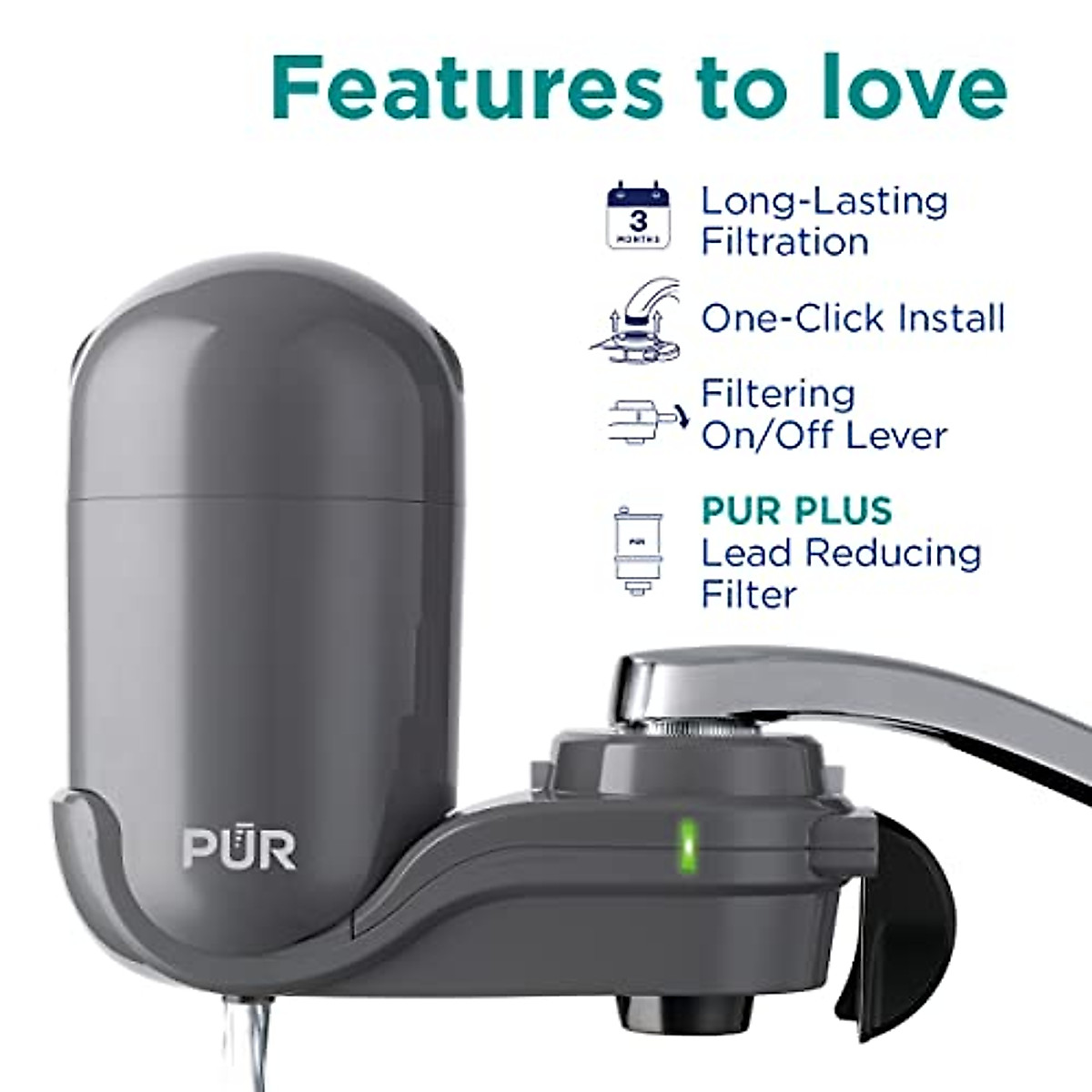 PUR PLUS Faucet Mount Water Filtration System, 3-in-1 Powerful, Natural Mineral Filtration with Lead Reduction, Vertical, Grey, FM2500V