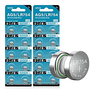 Cotchear 20pcs AG5 Button Cell Battery 1.5V 393A LR754 SR48 AG5 Alkailine Coin Batteries