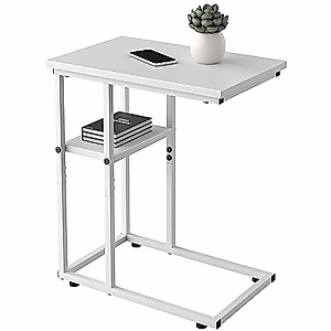 2 Tier C Shaped End Table with Metal Frame, Sturdy C Table Side Table for Couch Sofa Bedside Small Space, C Snack Table TV Tray Record Player Stand Small Tables for Living Room Bedroom, White