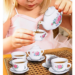 Liberty Imports 17 Piece Rose Flower Miniature Porcelain Ceramic Tea Set - Pretend Play Kids Toy Mini Kitchen Playset
