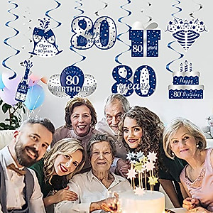 Blue Silver 80th Birthday Hanging Swirls Decorations for Men, 16Pcs Happy 80 Year Old Birthday Foil Swirl Party Supplies, Eighty Birthday Ceiling Hanging Sign Decor