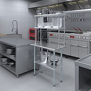 18" x 36" Stainless Steel Work Table with 12" Wide Double Tier Overshelf | Metal Kitchen Prep Table & Shelving Combo