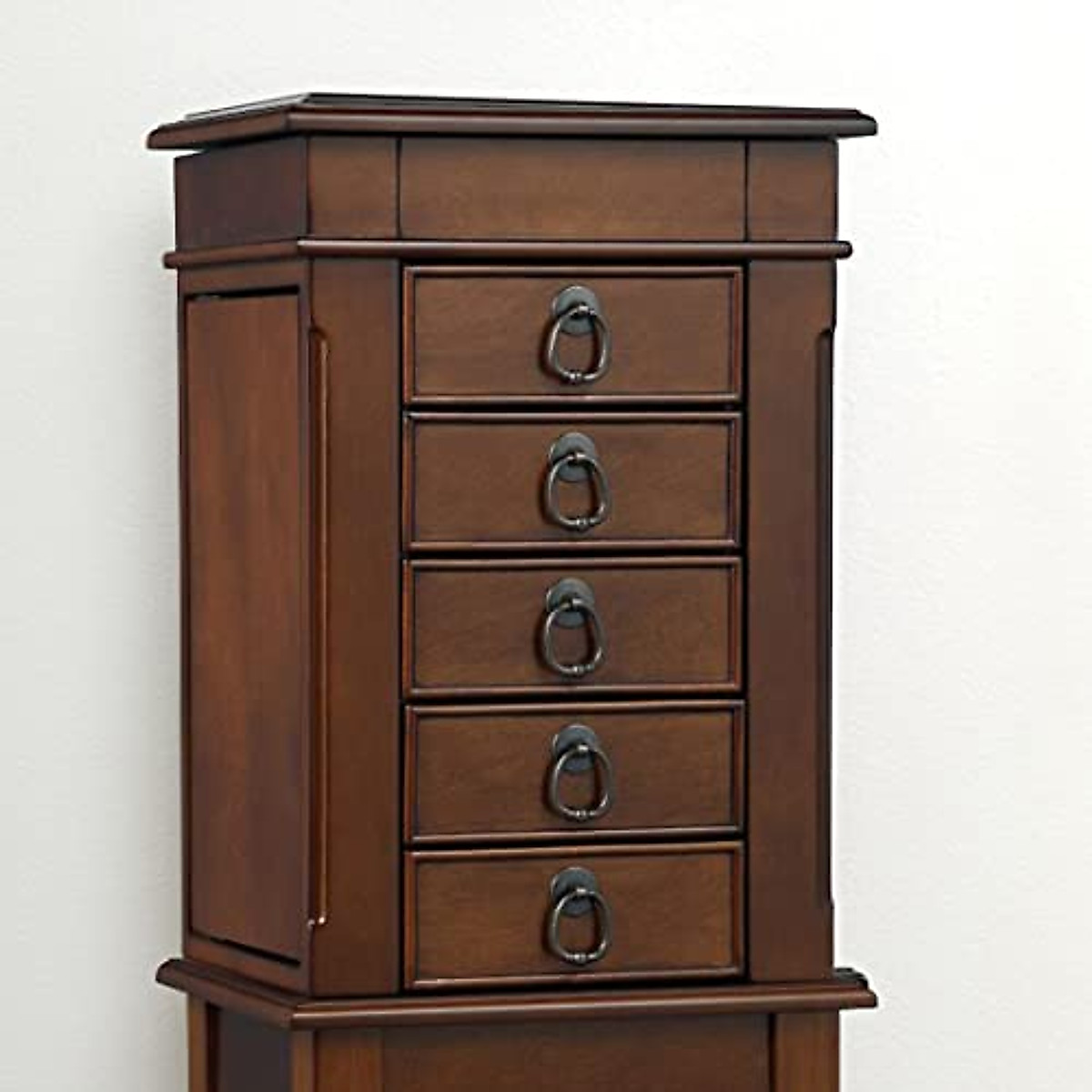 Hives and Honey Kennedy Jewelry Armoire - Modern Wood Storage Organizer with Necklace Hooks, 5 Drawers, and Vanity Mirror, Walnut