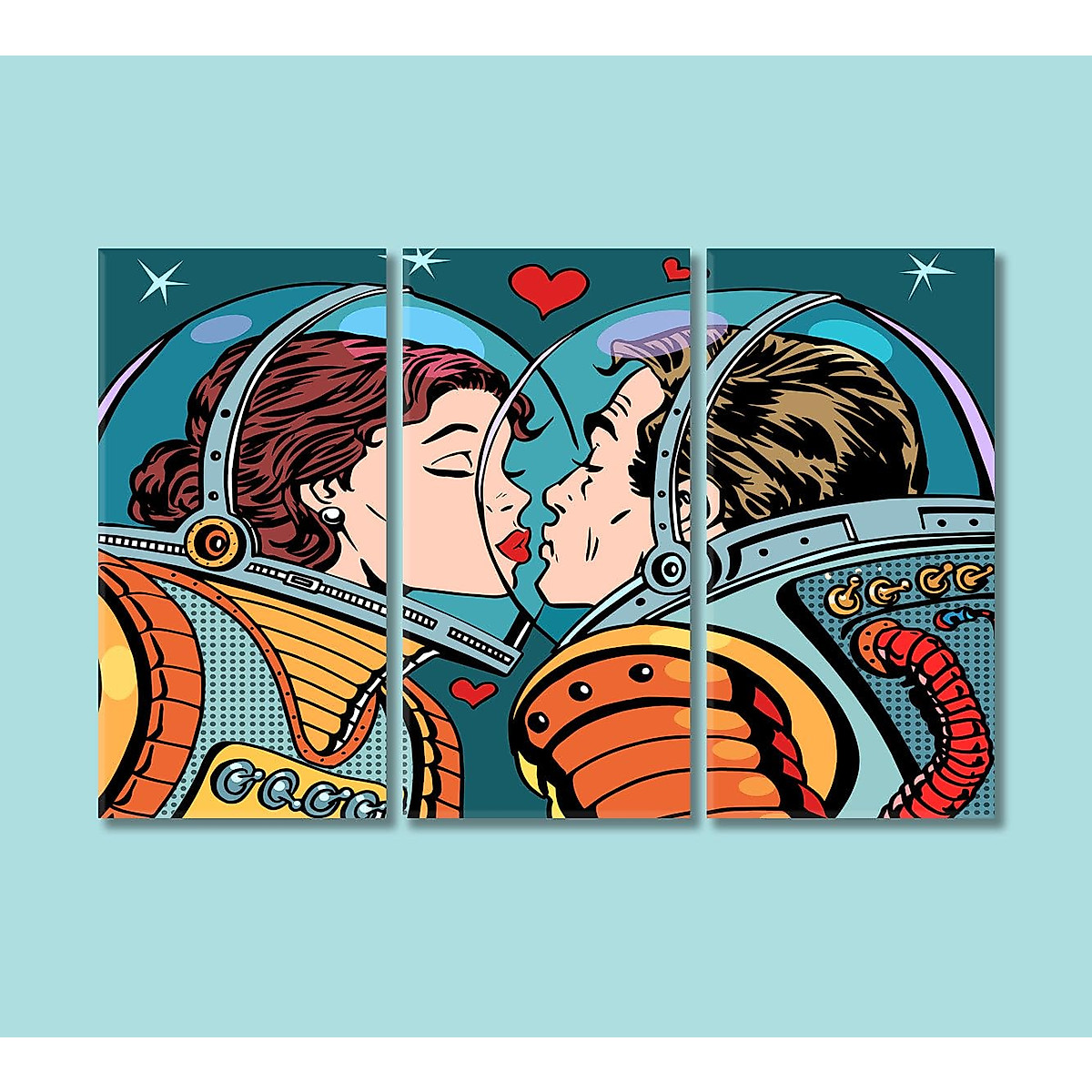 Astronauts Kiss in Space Canvas Print 3 Panels / 36x24 inches