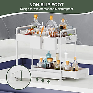 BAYANKHAR Under Sink Organizers and Storage, Multi-purpose Bathroom Organizer Under Sink, 2 Tier Under Kitchen Sink Organizer Sliding Cabinet organizer Basket with Hooks,Hanging Cup,white,2 Pack