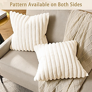 Volcanics Pack of 1 Double-Sided Faux Fur Plush Decorative Throw Pillow Covers 18x18 Inches Soft Fluffy Striped Couch Pillow Cases, Cream White