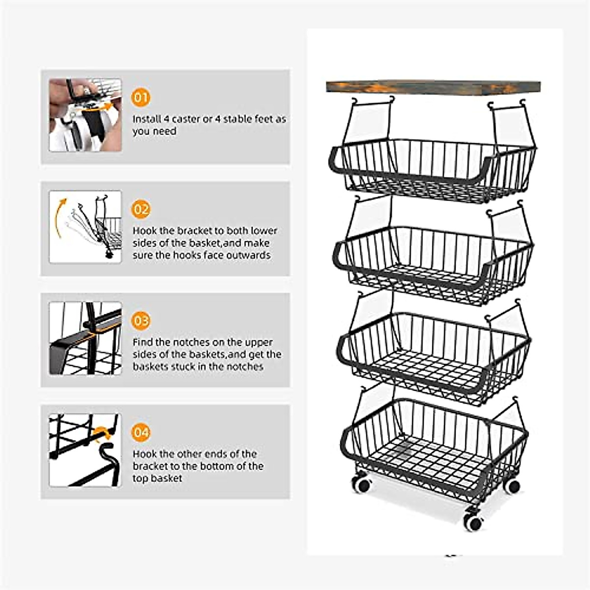 BEEY Vegetable Storage Rack with Wood Tabletop 5 Tier Stackable Storage Baskets with Wheels Vegetable Fruit Baskets Utility Cart Rack for Pantry,Garage
