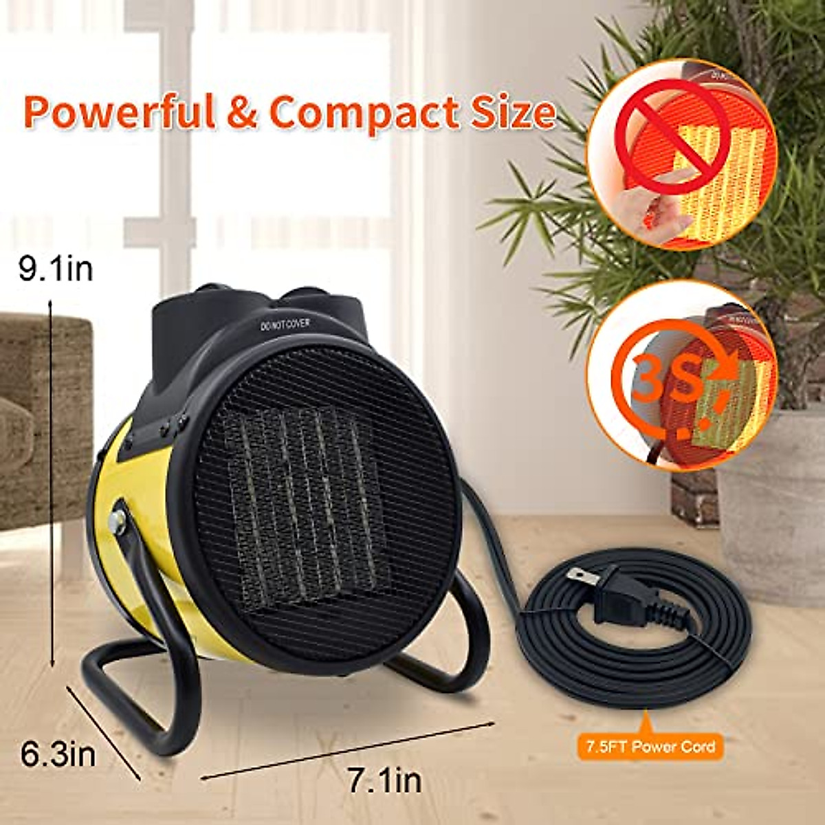 Electric Patio Heater - Greenhouse Fan, Heater Portable Space Heater, Adjustable Thermostat, for Greenhouse, Garage, Office, Workplace, PTC Fast Heating, Electric Ceramic Heaters,Metal Base