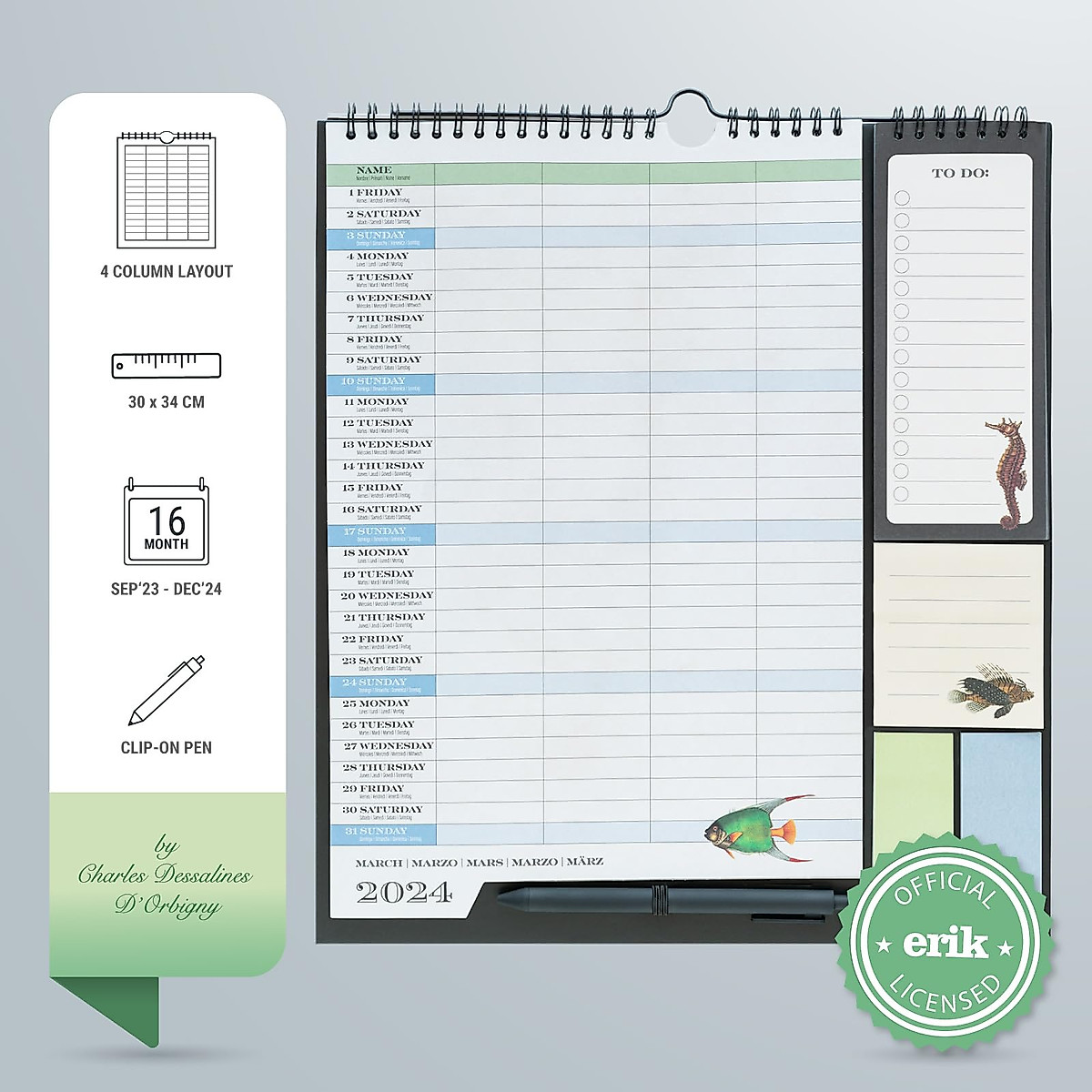 Grupo Erik Fishes By Charles Dessalines Wall Calendar 2024 | Monthly Planner 16 Months Sep 2023 - Dec 2024 | 11.8 x 13.4 inches / 30 x 34 cm | Cute Stationery | With Stickers/Pen/Shopping List