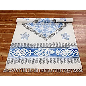 Casavani Hand Block Printed Cotton Dhurrie Geometric Blue & Beige Tassel Rug Easy Care Washable Rugs for Doormat Entryway Living Room Bedroom Hallway Balcony 4x8 Feet