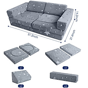 MeMoreCool Kids Couch, 10-Piece Modular Play Couch for Playroom, Fold Out Kids Sofa for Girl Boy, Glow Star