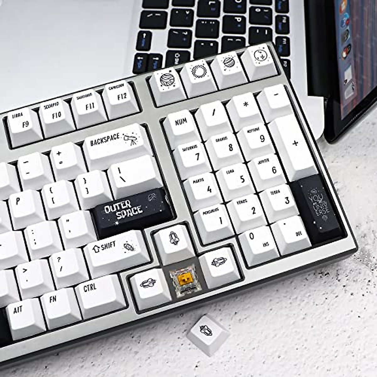 JSJT Space Keycaps 138 Keys White Keycaps Cherry Profile Keycaps PBT Dyed Sublimation Custom Keycaps for Cherry Gateron MX Switch Mechanical Gaming Keyboards