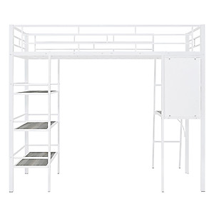 Harper & Bright Designs Metal Twin Size Loft Bed with Desk, Loft Bed Twin with 3 Layers of Shelves, Space Saving Twin Loft Bed with Desk Underneath and Whiteboard for Kids Girls,Boys,White