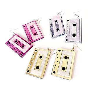 MALOYANVE Cassette Tape Earrings for Women Girls Retro Funny Acrylic 80s 90s Geometric Stereo Music Player Tool Tape Dangle Drop Earrings Accessories Jewelry Music Lover Gift (Pink)