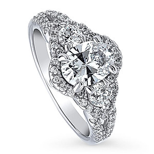 BERRICLE Sterling Silver 3-Stone Wedding Engagement Rings Oval Cut Cubic Zirconia CZ Halo Split Shank Ring for Women, Rhodium Plated Size 7