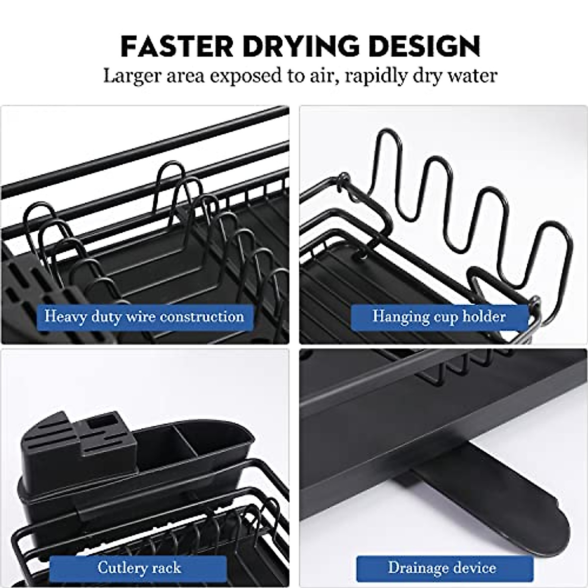 HIUHOME Dish Drying Rack with Drainboard,Rustproof Dish Racks for Kitchen Counter,Dish Drainer with Adjustable Spout (Black)