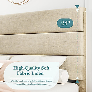 HOOMIC Queen Size Bed Frame with Headboard, Fabric Upholstered Platform Bed with Strong Wood Slats Support, Mattress Foundation, No Box Spring Needed, Beige