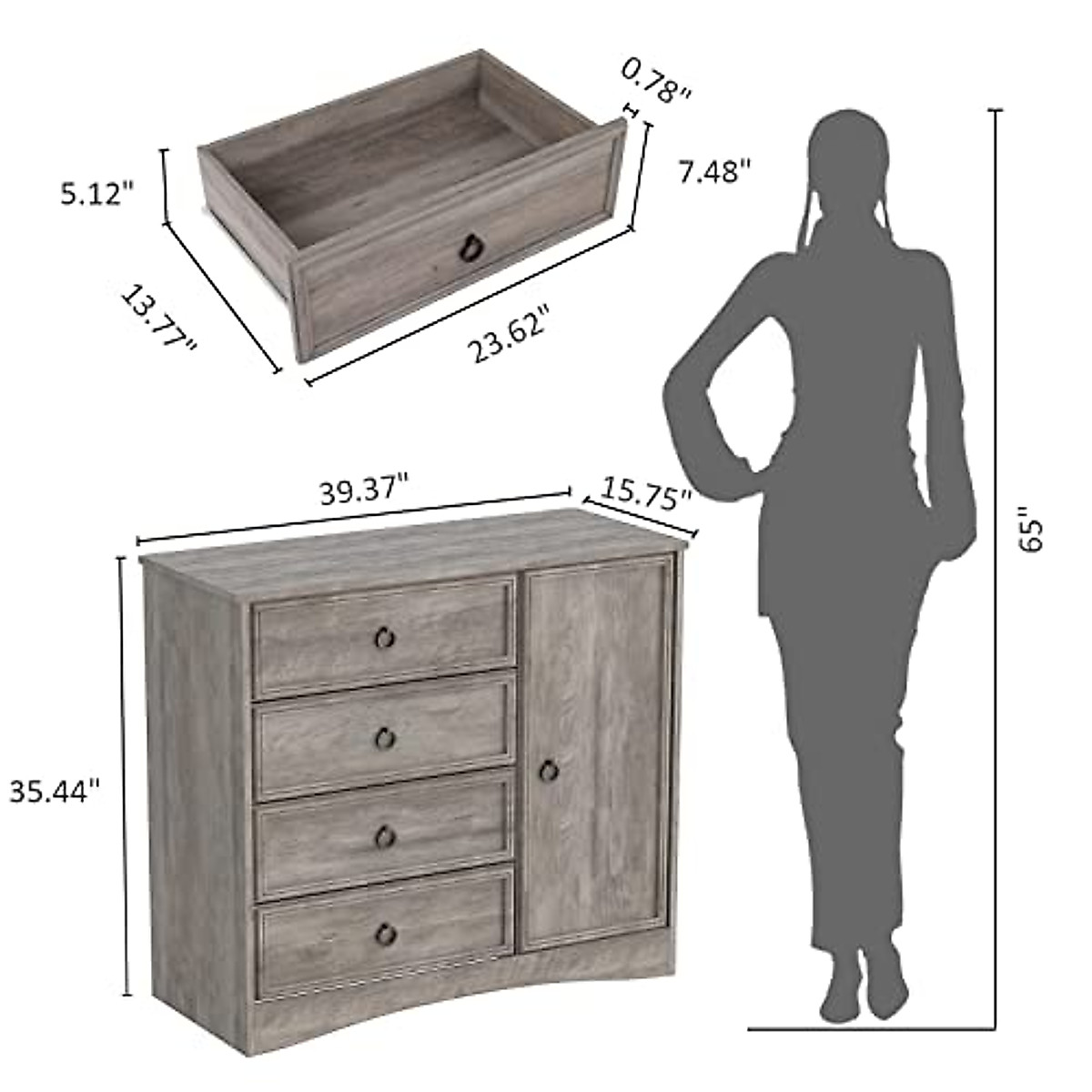 Modern 4 Drawer Dresser Adjustable Shelves, Tall Chest of Closet Organizers and Storage for Clothes - Easy Pulls, Textured Borders for Bedroom, Hallway, Living Room, Office, Gray